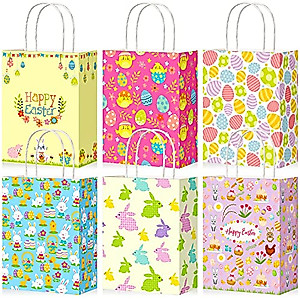 24 Pieces Easter Bags Bulk, Easter Party Bags Supplies, Easter Paper Gift Bags with Handles, Bunny Paper Cookie Candy Treat Goodie Bags for Easter Kids Boys Girls Birthday Party Favors Gift Wrapping