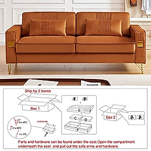 Betoko Velvet Upholstered Sofas Couches for Living Room Modern Contemporary Channel Tufted 3 Seater Sofa Couch with Golden Metal Legs for Bedroom Office and Small Spaces (Camel)