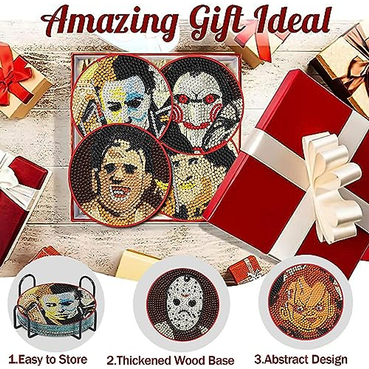 ICECHEN 8 Pcs Diamond Paintings Coasters Kits with Holder, DIY Halloween Coaster Diamond Art Kits,Full Drill Rhinestone Painting Kits for Adults & Kids,Beginners Art Craft Supplies