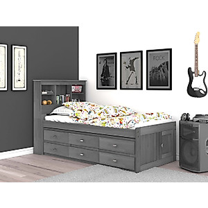 OS Home and Office Furniture Solid Pine Twin Captains Bookcase Bed with 6 Drawers in Charcoal Gray