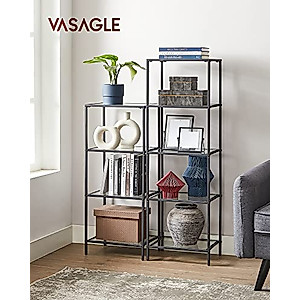 VASAGLE Bookcase, 5-Tier Bookshelf, Slim Shelving Unit for Bedroom, Bathroom, Home Office, Tempered Glass, Steel Frame, Black ULGT029B61