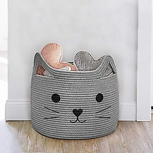 HiChen Large Woven Cotton Rope Storage Basket, Laundry Basket Organizer for Towels, Blanket, Toys, Clothes, Gifts | Pet Gift Basket for Cat, Dog - 15.7" L×11.8" H, Gray