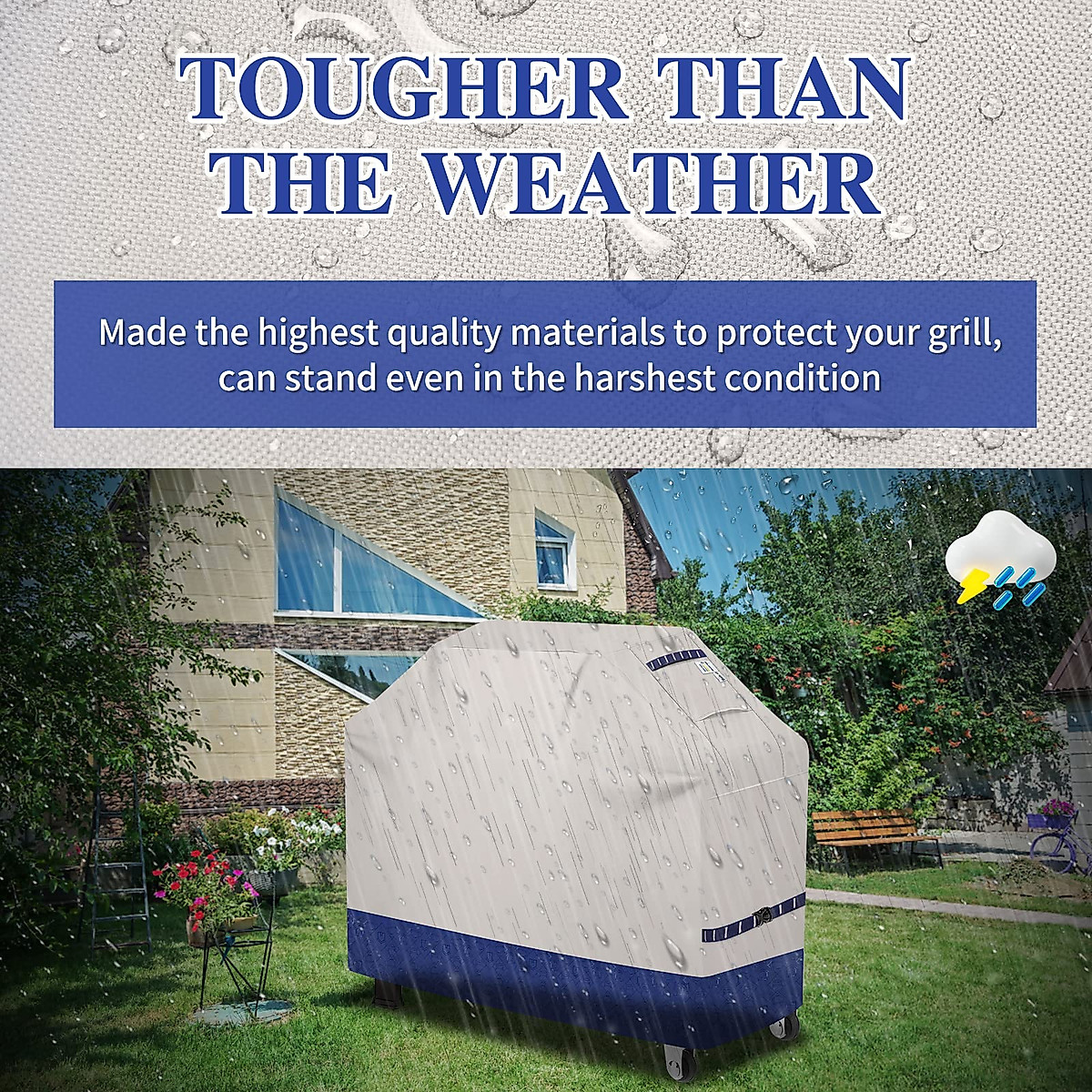 CUSSIOU Grill Cover BBQ Grill Cover 600D Waterproof Heavy Duty Gas Grill Cover, UV & Dust & Rip-Proof, Barbecue Grill Covers for Weber, Brinkmann, Char Broil Grills (64" L x 26" W x 48" H Fog/Navy)