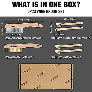WORKPRO Wire Brush Set, 6 Pcs Brass/Stainless Steel Wire Scratch Brush Set, Small Large Size with Beechwood Handle for Cleaning Rust, Paint and Welding Slag