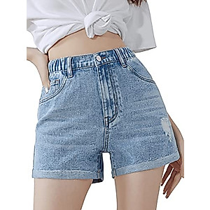 SweatyRocks Girl's Elastic Waist Ripped Jean Shorts Roll Up Hem Straight Leg Hot Pants Denim Shorts Light Wash 12-13Y