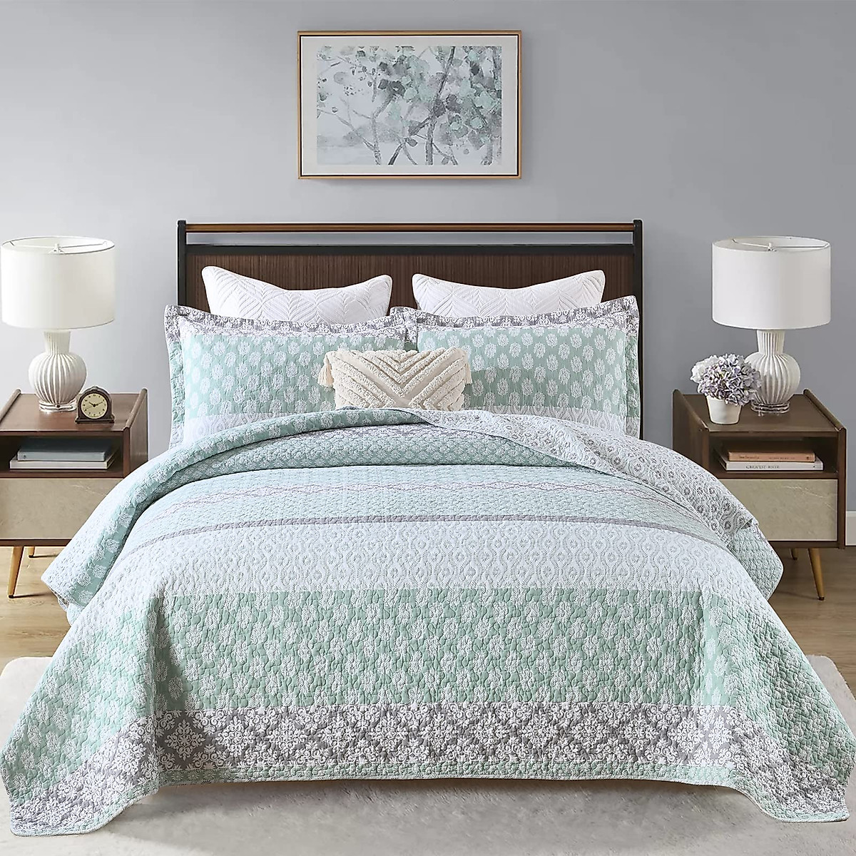 PERHOM Queen Size Quilt Set - 100% Long-Staple Cotton Floral Quilt, Reversible Patchwork Lightweight Comforter Bed Spread for All Season, Green/Gray
