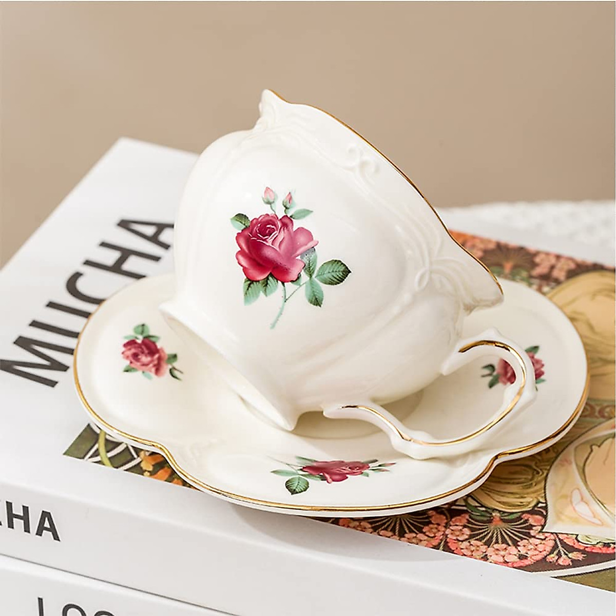 S.ROKE TTAN 8 oz Porcelain Coffee Cup and Saucer Set, White Phnom Penh Teacup Cappuccino Cup Coffee Cup with Spoons, for Drinks, Cappuccino, Latte and Tea, Set of 2 (White)