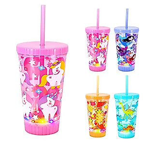 GILANO 16oz Kids Tumbler Water Drinking Bottle with LED Light Up - BPA Free, Straw Lid Cup, Reusable, Lightweight, Spill-Proof Water Bottle with Cute Design for Girls & Boys (Unicorn)
