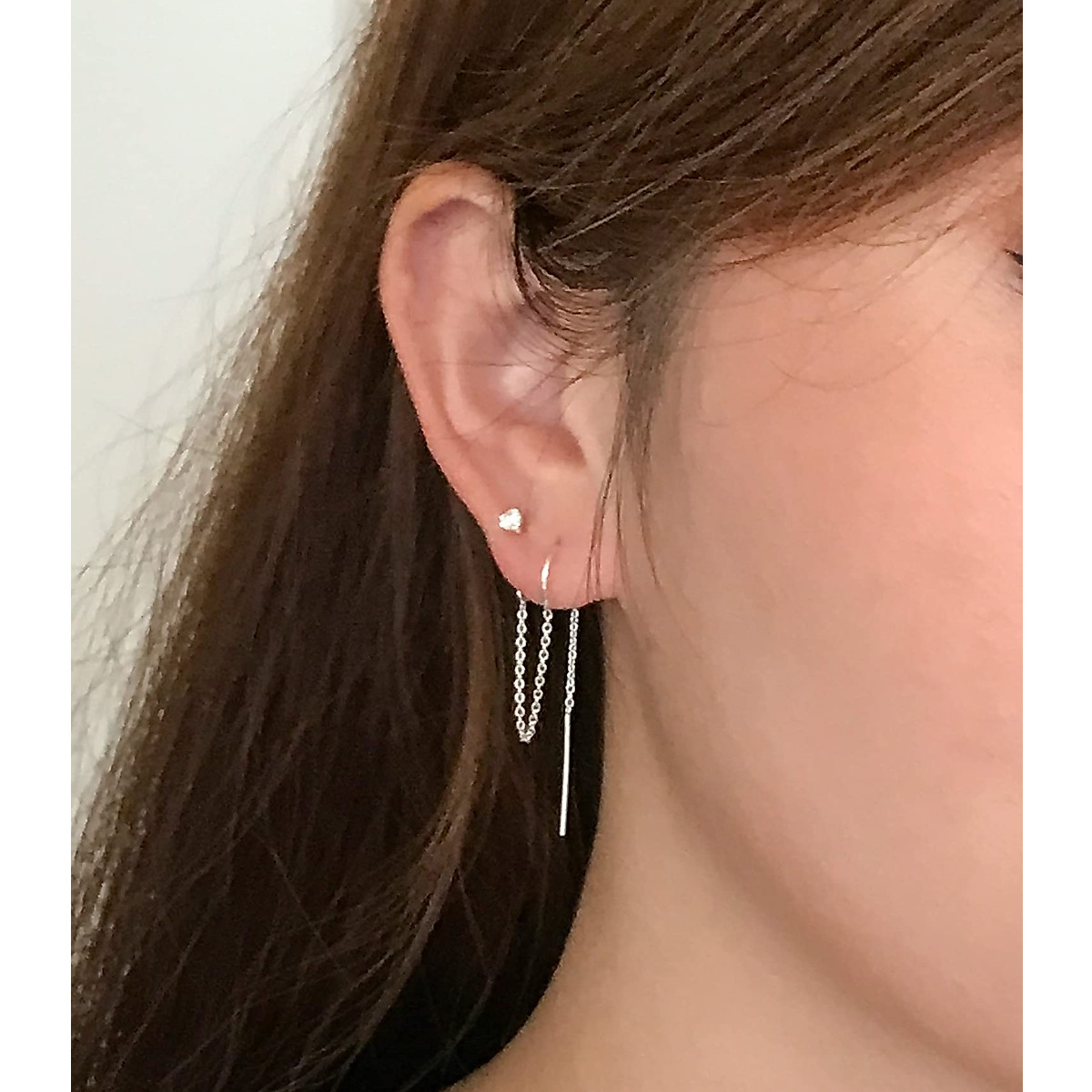 Sterling Silver Double Piercing Earrings Two Hole Earrings Cz Threader Earrings For Women Chain Earrings Set Boho Jewelry Cubic Zirconia (Sterling Silver)