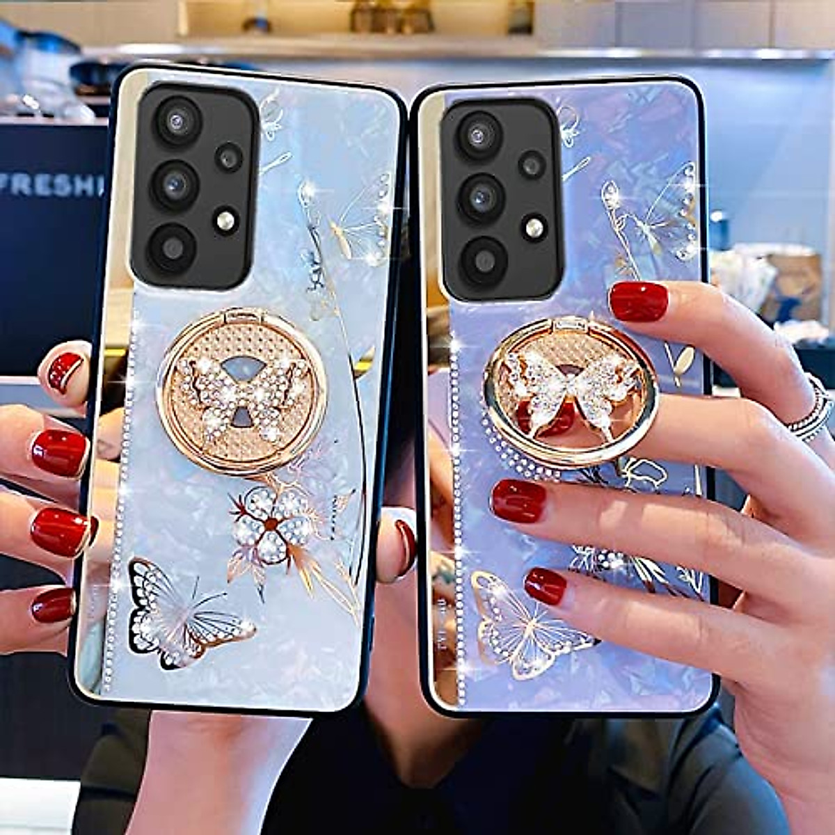 Topwin Galaxy A13 5G Kickstand Case, Cute Marble Conch Shell Floral Butterfly with Ring Stand Mirror Elegant Shockproof Protective Cover for Girls Women for Samsung A13 5G (Rose Gold)