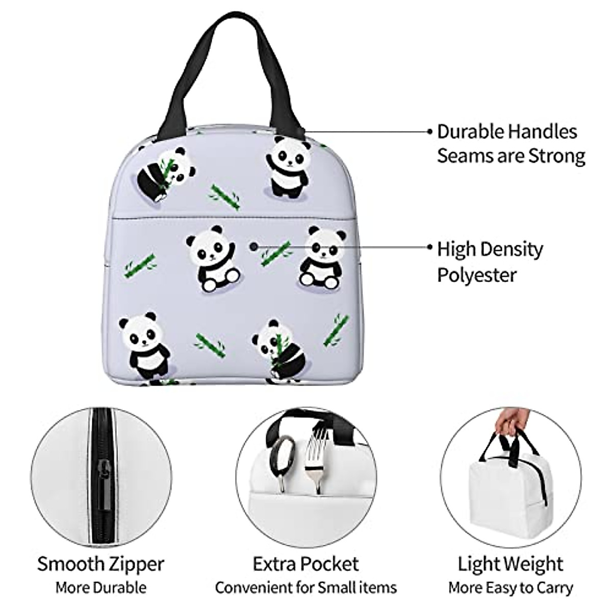 CUAMZST Cute Panda Insulated Lunch Bag for Women Reusable Lunch Box with Front Pocket Portable Thermal Cooler Tote Bag for Work Picnic Travel