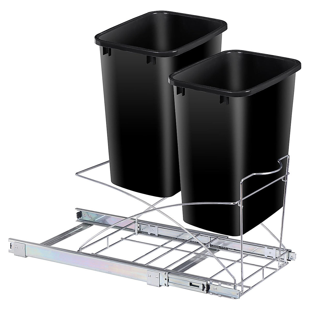 JupiterForce Double 35 Quart Sliding Pull Out Garbage Recycle Bin Kitchen Trash Can Container Under Cabinet Design for Home Kitchen, Black