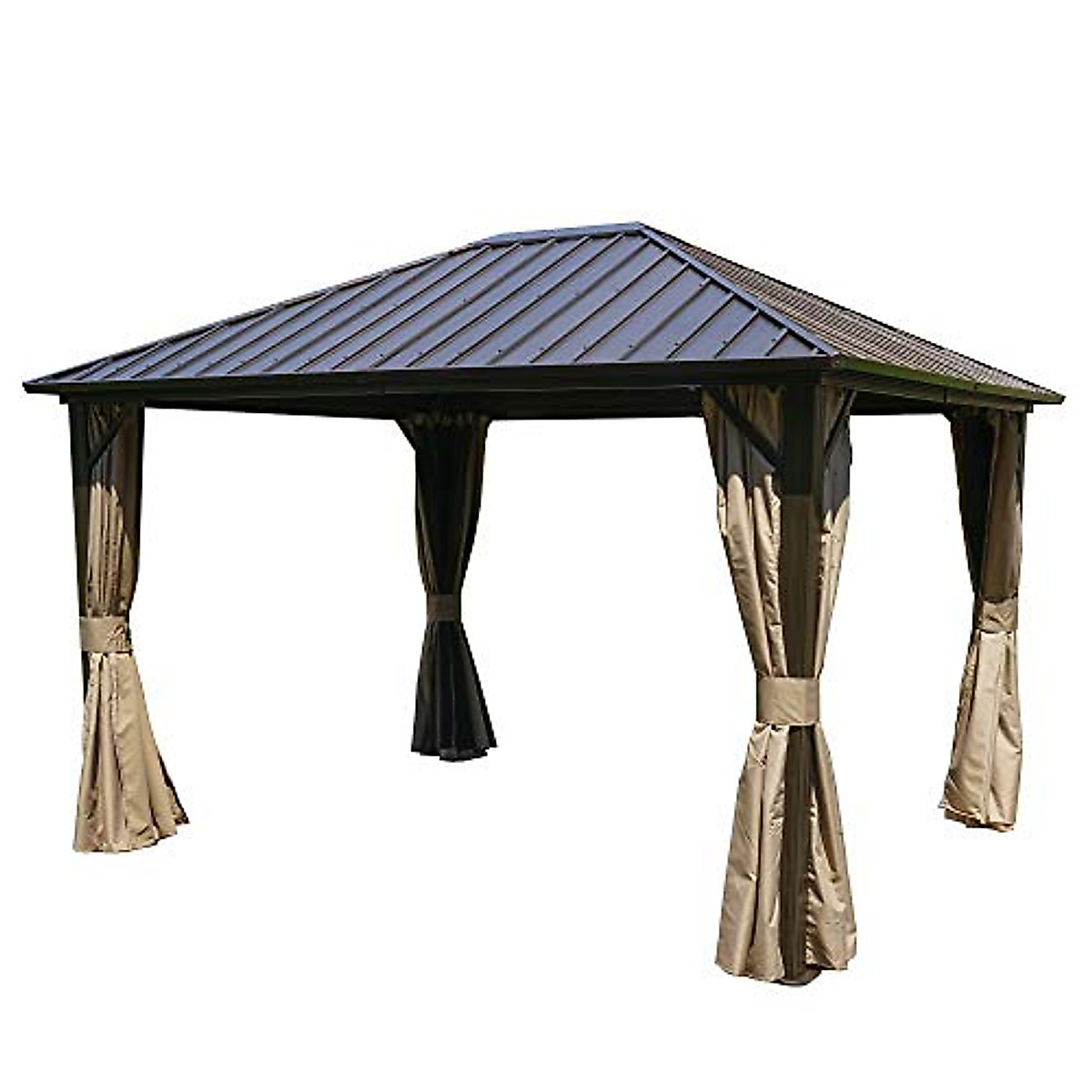 Kozyard Rosana Hardtop Aluminum Permanent Gazebo with 2-Layer Sidewalls (10ftx12ft Brown)