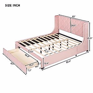FIQHOME Queen Size Storage Bed,Velvet Upholstered Platform Bed with Wingback Headboard,Solid Wood Bed Frame with a Big Drawer,for Bedroom Guestroom,Easy Assembly,Pink