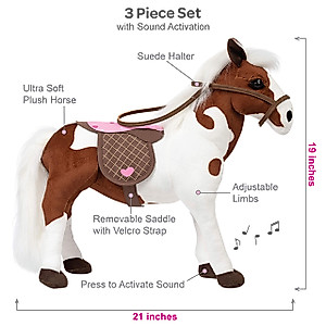ADORA Amazon Exclusive Amazing World Collections, Toy Plush Horse with 1 Sound Effect, Saddle, Harness & Wooden Stable Play Set – 15 Piece Set for 18 inch Dolls