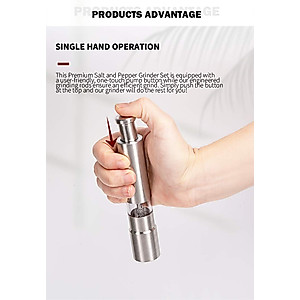 MINI Stainless-Steel One-Handed Thumb Push Button Salt and Pepper Grinder For Black Pepper Or Himalayan Salt(One pack)