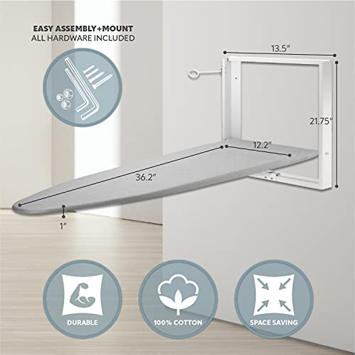 Bartnelli Premium Wall Mounted Ironing Board | Foldable Iron Board Station for Home, Dorm, Apartment & Small Spaces Easy-Release Lever, Cotton Cover & All Tools Included Easy Assembly (Size - 36x12”)