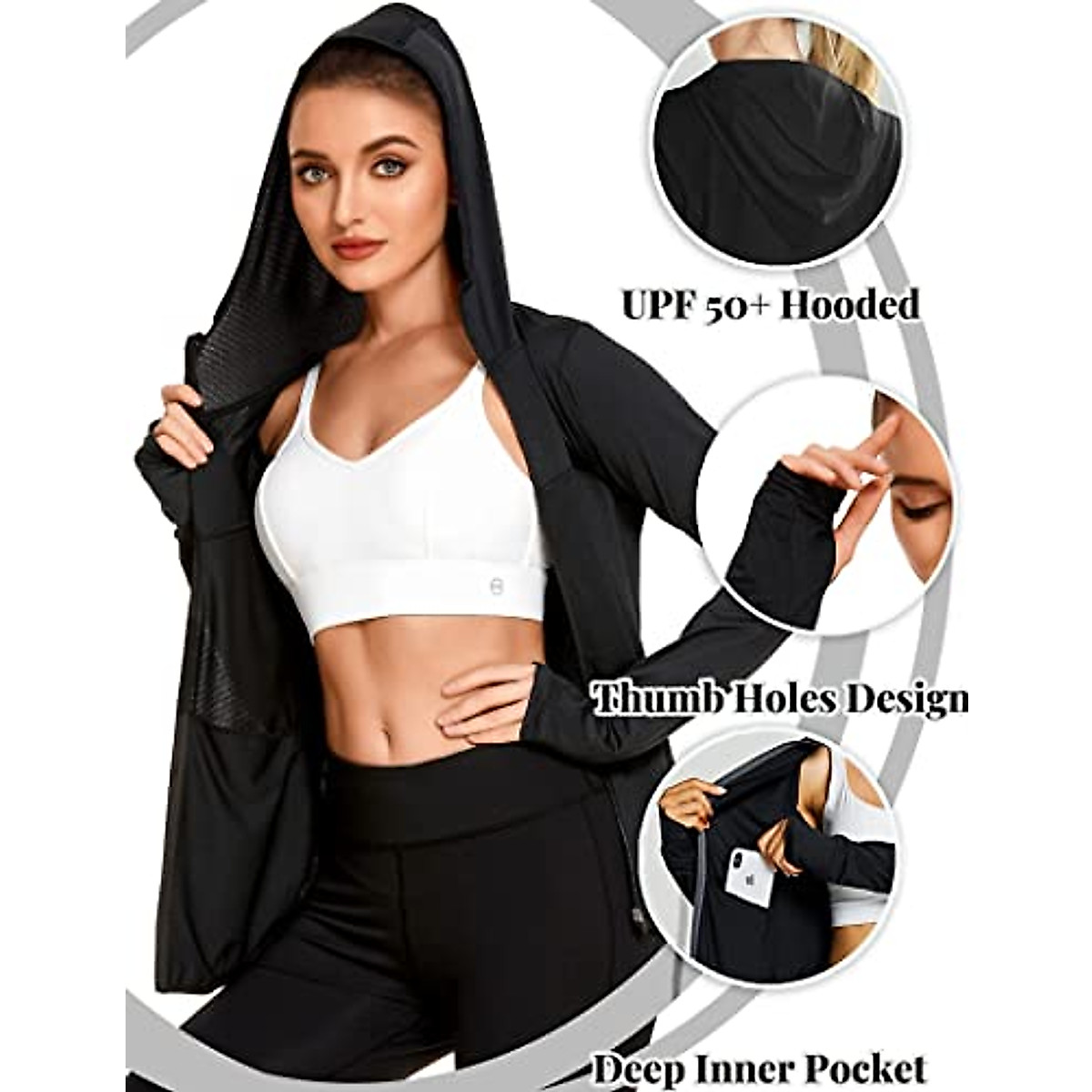 COOrun Women's UPF 50+ Sun Protection Hoodie Jacket Lightweight Full Zip Running Jacket Athletic Jacket with Thumb Holes