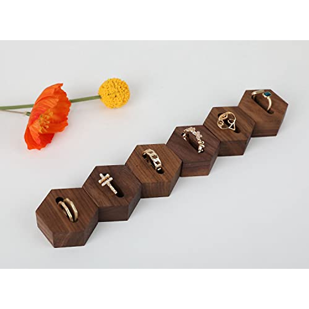 GemeShou 6pcs Wood Jewelry Ring Storage organizers, Hexagon Retail ring display slot stand, Small walnut Jewelry ring holder tray for Girl Woman Room Decoration【Walnut - Hexagon 6pcs】