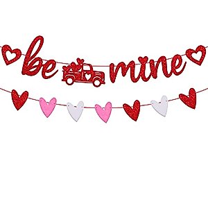 Happy Valentine’s Day Be Mine Banner Valentine Decoration Wedding Engagement Bridal Shower Romantic Theme Party Supplies I Love You XOXO Glitter Pink Red Decoration