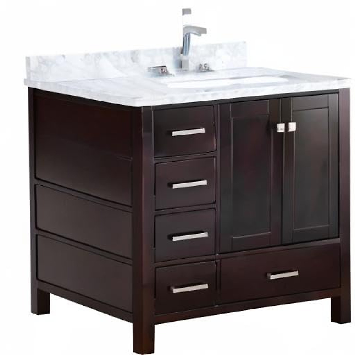 ARIEL Cambridge A037SRCWRVOESP 37” Inch Single Right Offset Rectangular Sink Solid Wood Espresso Bathroom Vanity with 1.5" Inch Edge White Carrara Marble Countertop