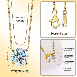 HOLYCOME Diamond Solitaire Necklace,3Carat Gold Plated Moissanite Pendant for Women,Sterling Silver Lab Diamond Necklace Moissanite Jewelry for Birthday Christmas Gifts