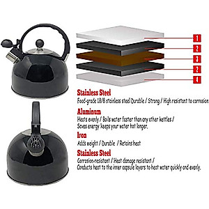 2.5 Liter Whistling Tea Kettle - Modern Stainless Steel Whistling Tea Pot for Stovetop with Cool Grip Ergonomic Handle (Black)