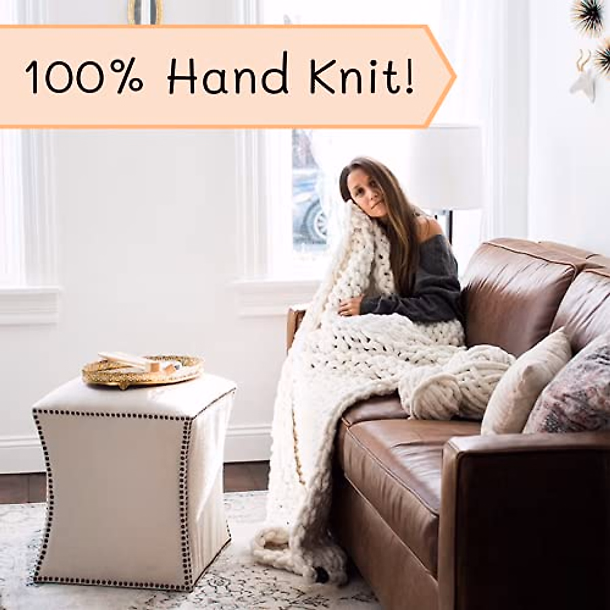 Adyrescia Chunky Knit Blanket Throw | 100% Hand Knit with Jumbo Chenille Yarn (50"x60", Cream White)