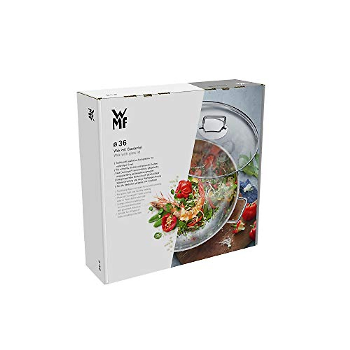 WMF Macao Induction Wok Set, 2 Pieces, Wok Pan 36 cm with Glass Lid, Polished Cromargan Stainless Steel, Uncoated