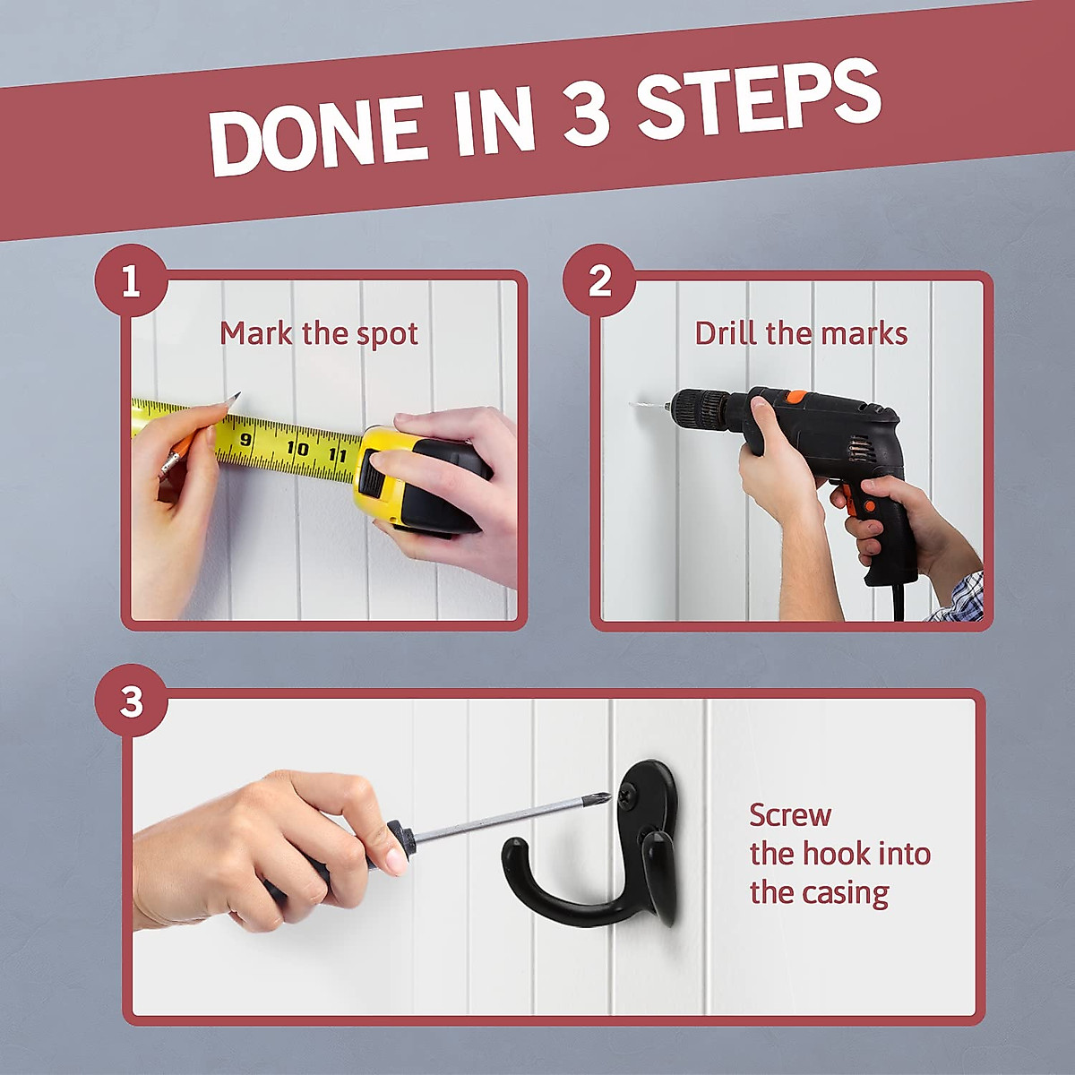 Jack N’ Drill 5 + 1 Pack Double Coat Hooks in Black Finish, Easy to Install, Stronger & More Durable for Heavy Items, Wall Mount Hook for Hanging Towels, Coats, Hats, Heavy Bags, and More