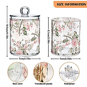 Kigai 2PCS Pink Roses Flowers Qtip Holder Dispenser with Lids - 14 oz Bathroom Storage Organizer Set, Clear Apothecary Jars Food Storage Containers, for Tea, Coffee, Cotton Ball, Floss
