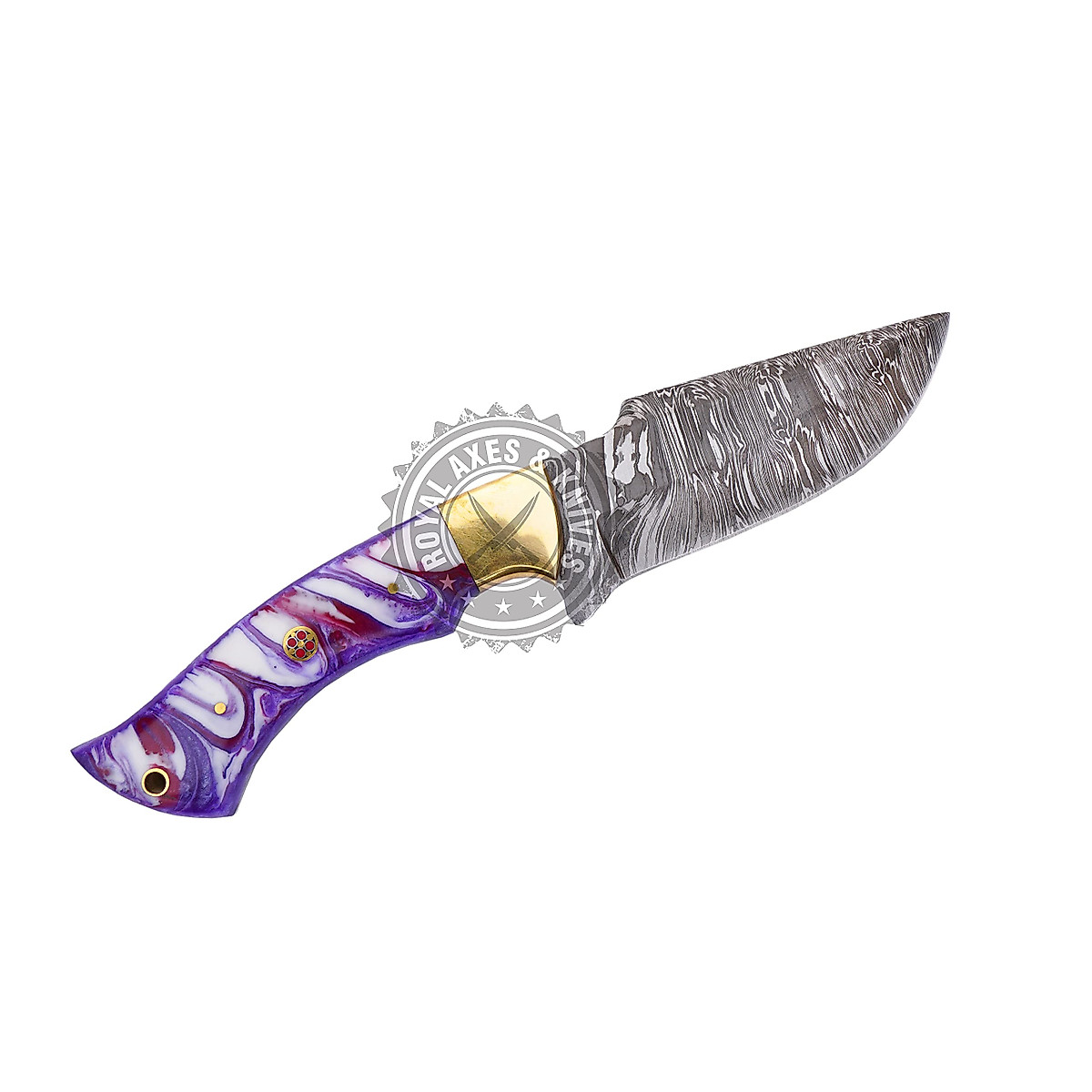 NA-1 Royal Knife Custom Hand Made Damascus Steel Bowie Knife With Multi Purple Resin Handle Material Hand Made Fixed Blade Survival Knife With Leather Sheath (R K 002)