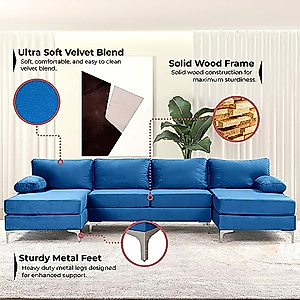 Casa AndreaMilano Modern Large Velvet Fabric U-Shape Sectional Sofa, Double Extra Wide Chaise Lounge Couch