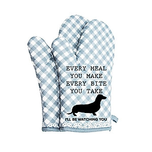 Oven mitts cute pair kitchen Potholders BBQ Gloves cooking baking grilling non slip cotton BLUE (Dachshund)