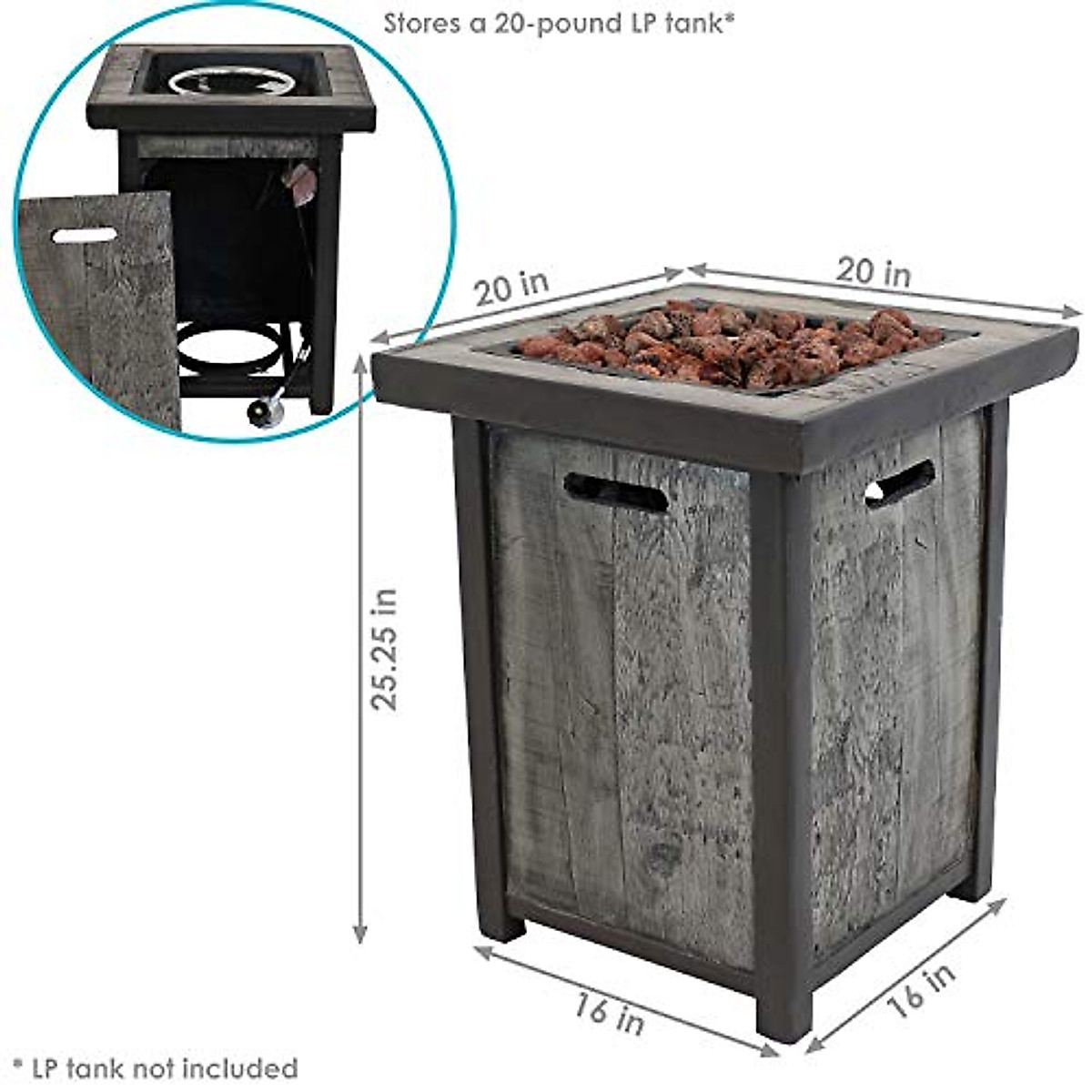Sunnydaze Square Outdoor Propane Gas Fire Pit Table with Weathered Wood Look - Outdoor Smokeless Cast Stone Gas Fire Pit Column - Ideal for Yard, Patio or Garden - 25 Inches Tall