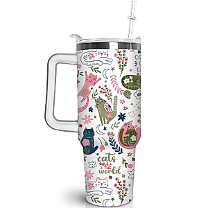 30 oz Cat Tumbler with Handle and Straw, Cute Cartoon Stainless Steel Vacuum Insulated Travel Coffee Mug Cup Water Bottle, Cat Stuff Accessories Decor, Cat Lover Gifts for Women Girls