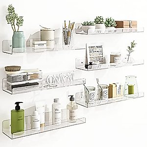 Fixwal Acrylic Shelves, 15 Inch Floating Wall Mounted Shelves, Clear Funko Pop Display Case, Invisible Bookshelf, Wall Decor for Kids and Bathroom Storage, Set of 6
