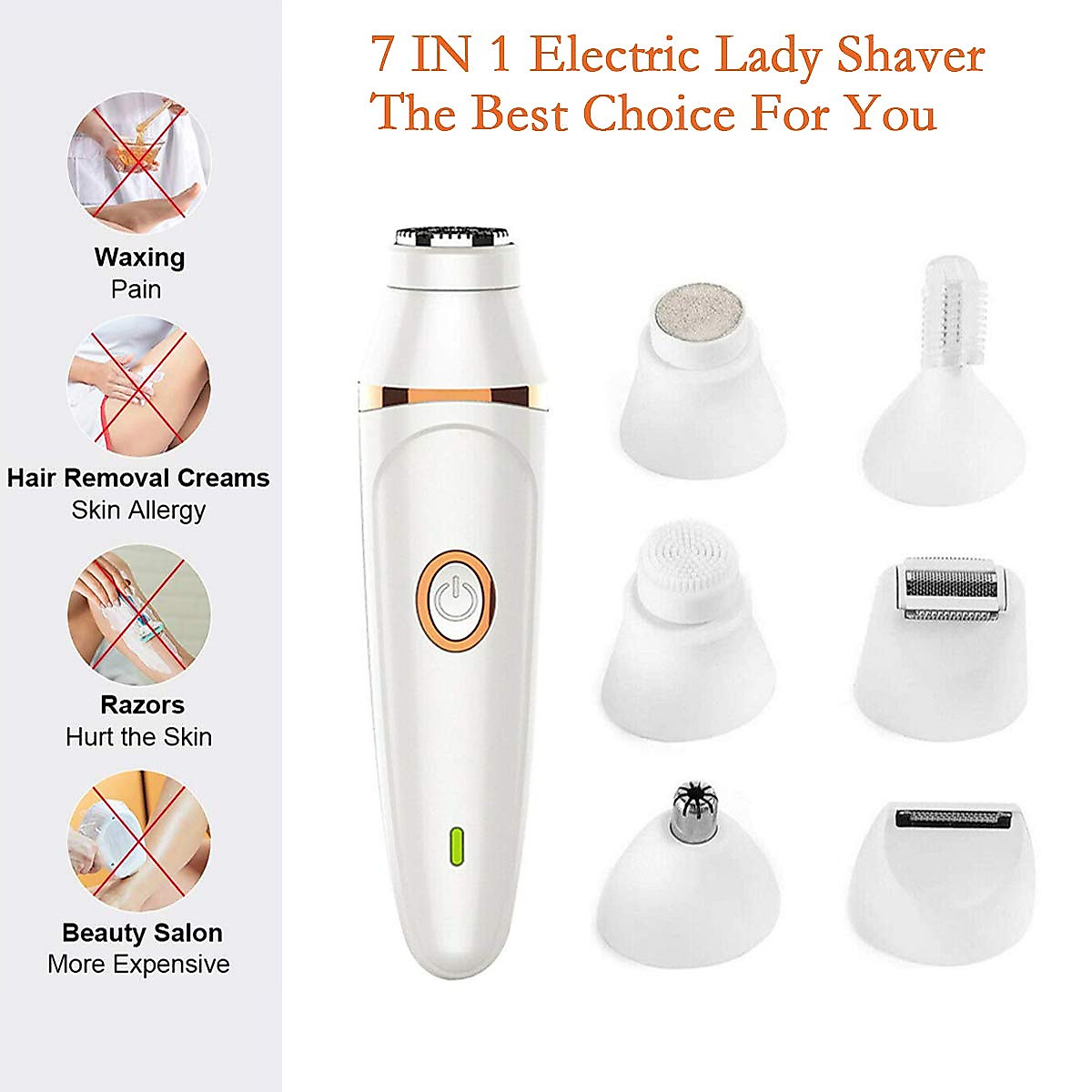 Electric Razor for Women,7 in 1 Painless Lady Shaver Set,Rechargeable Cordless Facial Hair Removal,Bikini Trimmer,for Face,Eyebrow,Nose, Underarm, Arms, Legs