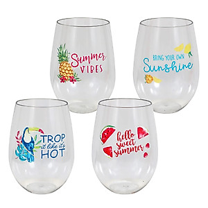 BFL Tropical Party Stemless Wine Glasses, 20oz Plastic Cups Reusable Shatterproof Drinkware Home Picnic Camping Summer Beach Pool Luau Hawaiian Themed Party Indoor Outdoor Pack of 4 (Design May Vary)