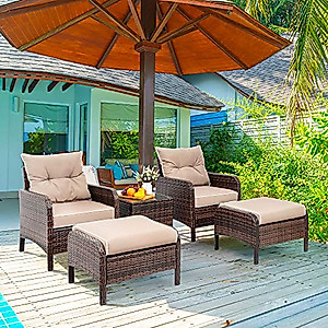 Vongrasig 5 Piece Wicker Patio Conversation Set, PE Wicker Rattan Outdoor Lounge Chairs Set of 2 with Soft Cushions, Ottomans and Glass Table for Porch, Garden, Brown