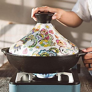 Ceramic Tagine Pot 2L Tajine Pots Flower Pattern|for Braising Slow Cooking|Ceramic Casserole Tagine Pot with Lid for Cooking Healthy Food