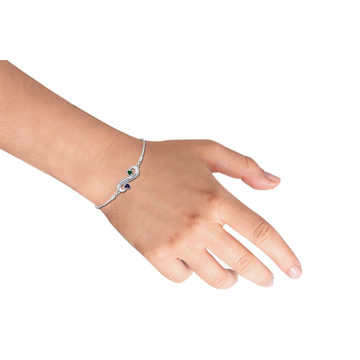 AFFY Mother's Day Jewelry Gifts Personalized Simulated Birthstone Name Engraved Double Heart Infinity Bolo Bracelet 14k White Gold Plated Sterling Silver