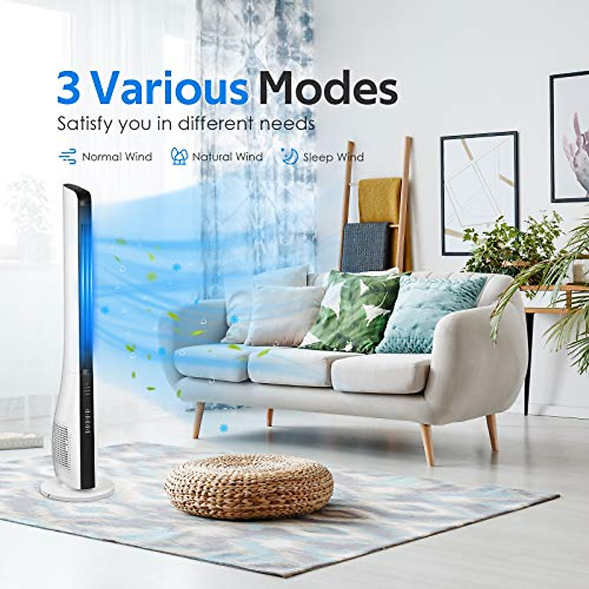 Bladeless Tower Fan - 43" Standing Cooling Oscillating Floor Fan w/ Remote, 3 Speeds & 3 Modes, 7.5H Timer, Quite Electric White Air Circulator Fan for Bedroom, Living Room, Office, Home, Indoor use