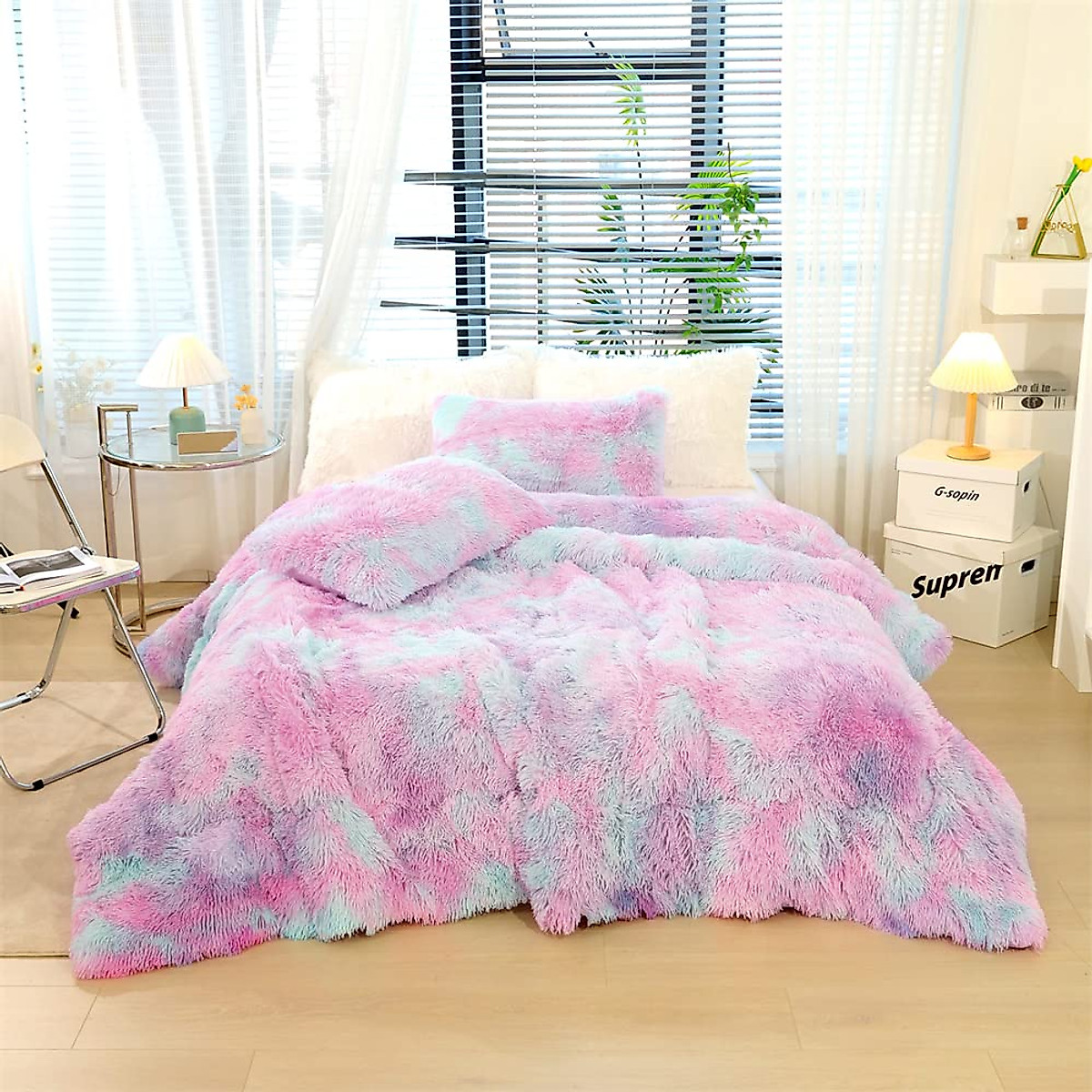 Roscloud Faux Fur Kids Girls Purple Rainbow Comforter Sets Twin/Full - 3PC Bed Set Warm Comfortable Soft Plush Flannel Velvet Fluffy Fuzzy Bedding（Comforter x 1 Pillowcases x 2）