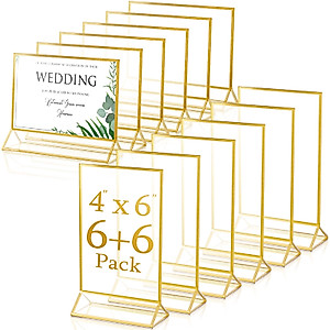 12 Pieces Gold Frames Clear Acrylic Sign Holder Double Sided Menu Display Stand with Gold Borders 2mm Table Number Holder for Wedding Recipe Cards Photo Display(Horizontal Vertical,4 x 6 Inch)