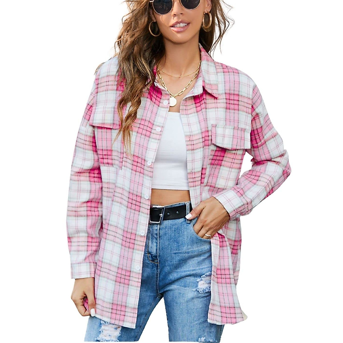 happlan Flannel Plaid Button Down Shirt Shacket Blouse Tops for Women Oversized(0392-Pink-3XL)