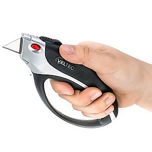 Veltec Heavy Duty Retractable Utility Knife, Box Cutter, Carpet Cutter with 3-Position Locking, Ergonomic Non-Slip Grip, 5 Reversible Replacements Blades SK5 (Black)