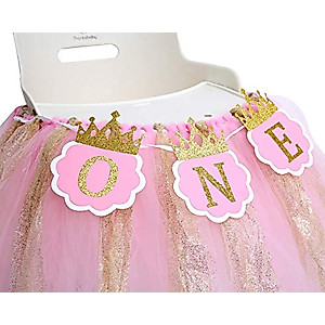 Tutu Highchair Banner for 1st Birthday - Princess 1st Birthday Party,Pink Tutu Skirt Photo Booth Props and Backdrop Cake Smash, Best Princess Birthday Party Supplies for Baby Girl