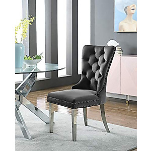 Meridian Furniture Carmen Collection Modern | Contemporary Velvet Upholstered Dining Chair with Button Tufting and Chrome Metal Legs, Set of 2, Grey, 21.5" W x 27" D x 39.5" H