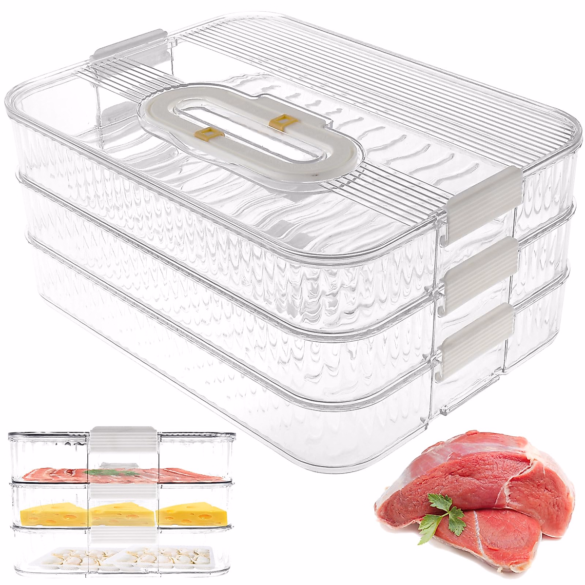 Tzdxfgl Deli Meat Container for Fridge, 3 Layer Bacon Meat Container for Refrigerator with Date Recording Function, Food Grade Food Organizing Box, Removable Bacon Keeper Fridge for Home
